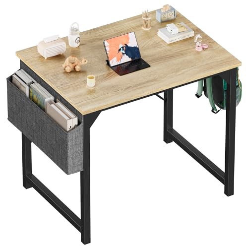 Shahoo 32 Inch Small Desk, Wood Modern Simple Student Kids Study Writing Computer Table with Storage Bag and Headphone Hook for Home, Study, Writing, Oak