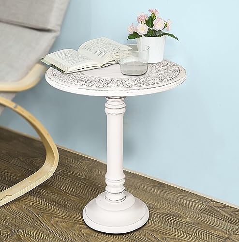 Side Table,Round End Table,Small Table,Side Tables Living Room,End Table,Round Side Table,Altar Table, Carved Side Table,Wood Accent Table,Carved Wood Table Single Pillar 18x22 inch White Antique