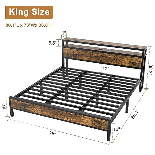 Pliwier King Bed Frame with Charging Station Headboard, Platform Bed with 2-Tier Storage Shelf, Strong Support Legs, Noise-Free, No Box Spring Needed, Easy Assembly