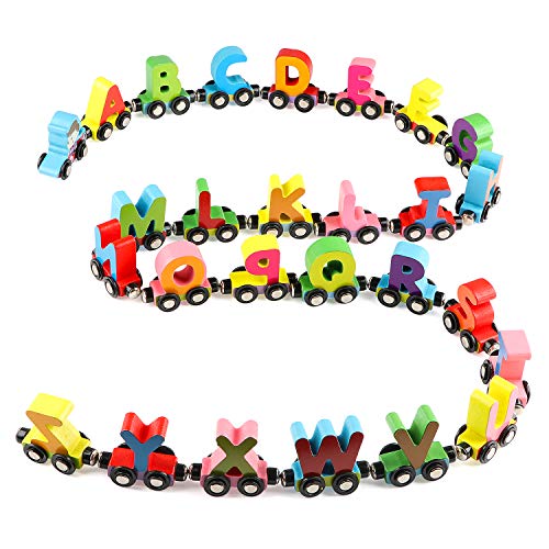 Wondertoys 27 PCS Wooden Alphabet Train Toy Wooden Magnetic Alphabet ABC Train Set Includes 1 Engine Letter Cars for Toddlers Boys and Girls, Compatible with Major Brands Train Set Tracks
