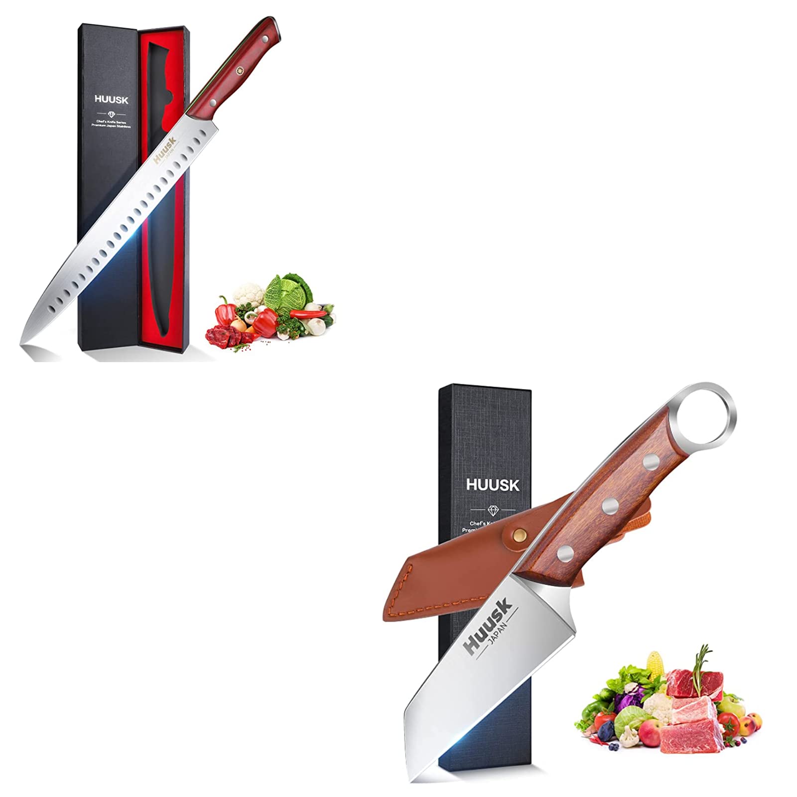 Huusk Chef Knife with Sharp Edge Christmas Gifts Bundle with Outdoor Cooking Knife for Kitchen BBQ Fishing