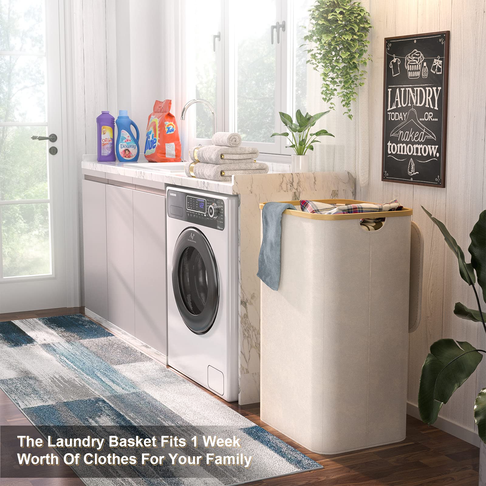 Homykic Laundry Hamper with Lid, 100L Tall Laundry Basket Collapsible with Bamboo Handles, Large Waterproof Laundry Bin Storage for Dorm, Bathroom, Bedroom, Clothing, Clothes, Toys, Cream White