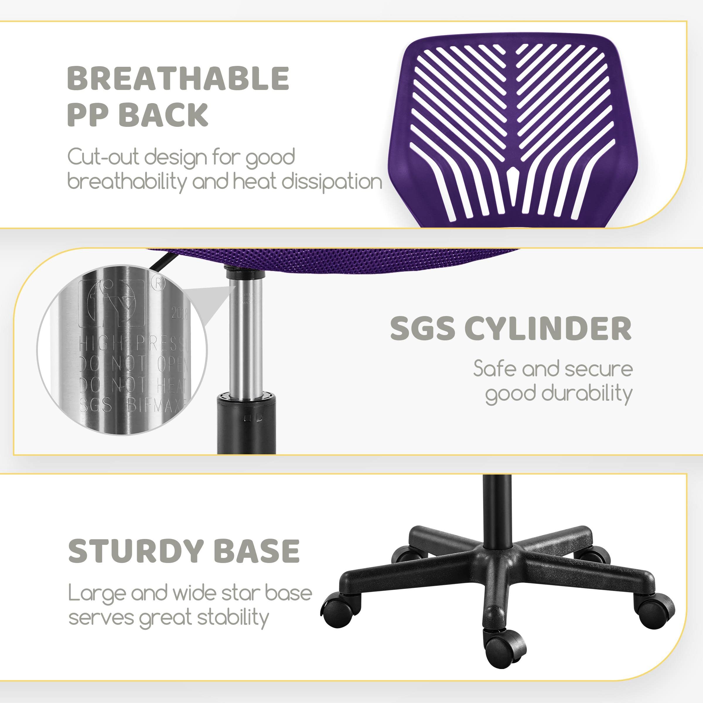 Yaheetech Students Cute Desk Chair Low-Back Armless Study Chair w/Lumbar Support Adjustable Swivel Chair in Home Bedroom School, Purple