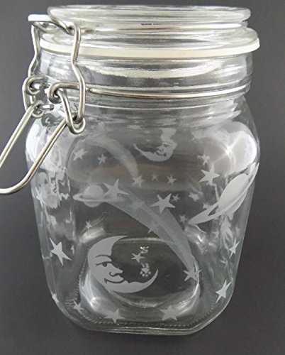 IncisoArt Hand Etched Glass Jar Airtight Canister Sandblasted (Sand Carved) Handmade Engraved Locking Wire Clamp Lid (Sun Moon Stars Planets, 38 Ounce)