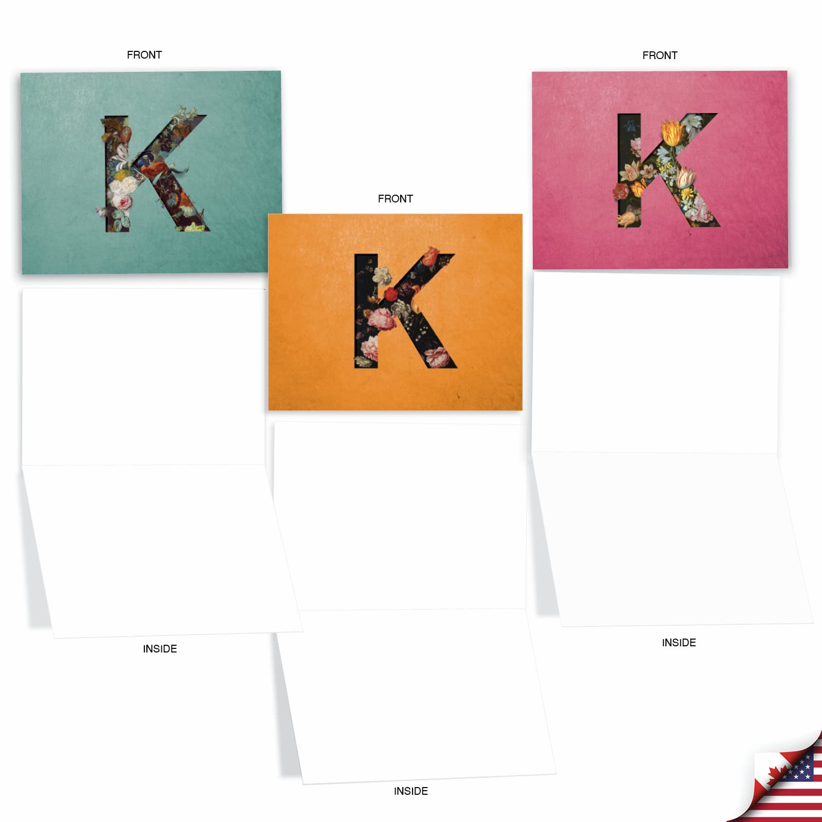 The Best Card Company - 10 Initial Letter βKβ Assorted Blank Notecards Beautiful Flower Personal Stationary 4 x 5.12 Inch, Bulk Variety Pack for Thank You and Notes - Baroque Blooms K M3838OCB-B1x10
