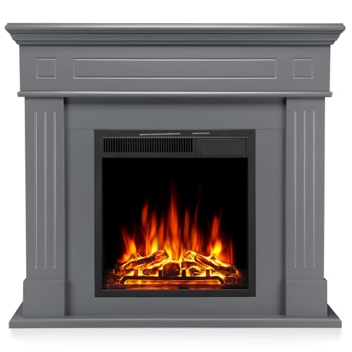 Havato 43" Electric Fireplace with Mantel, Freestanding Electric Fireplace, Wooden Surround Firebox, Remote Control, 7 Level Adjustable Led 3D Frame, 750W/1500W Grey