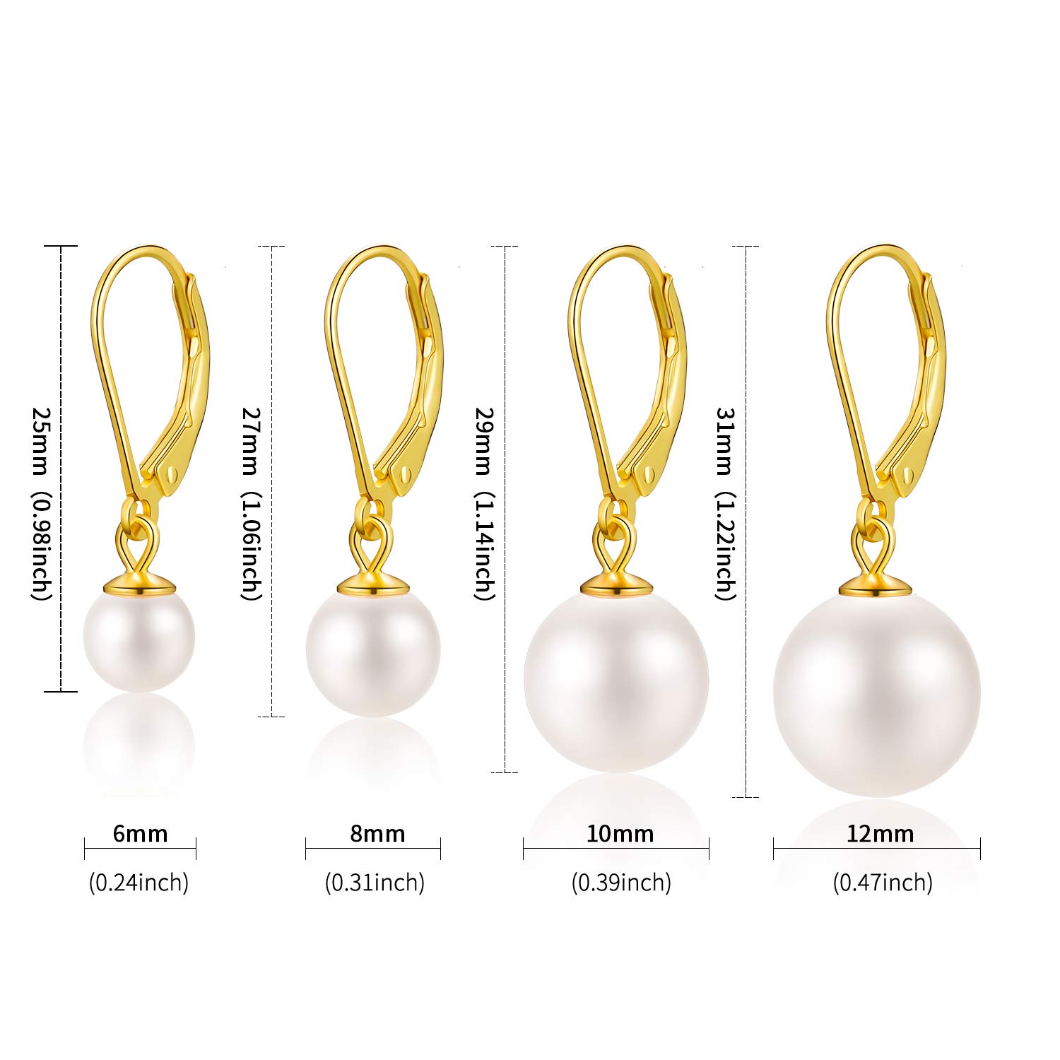 Esberry 925 Sterling Shell Pearl Silver Earrings 6-12mm Handpicked White Shell Pearl Drop Leverback Earrings for Women and Girls