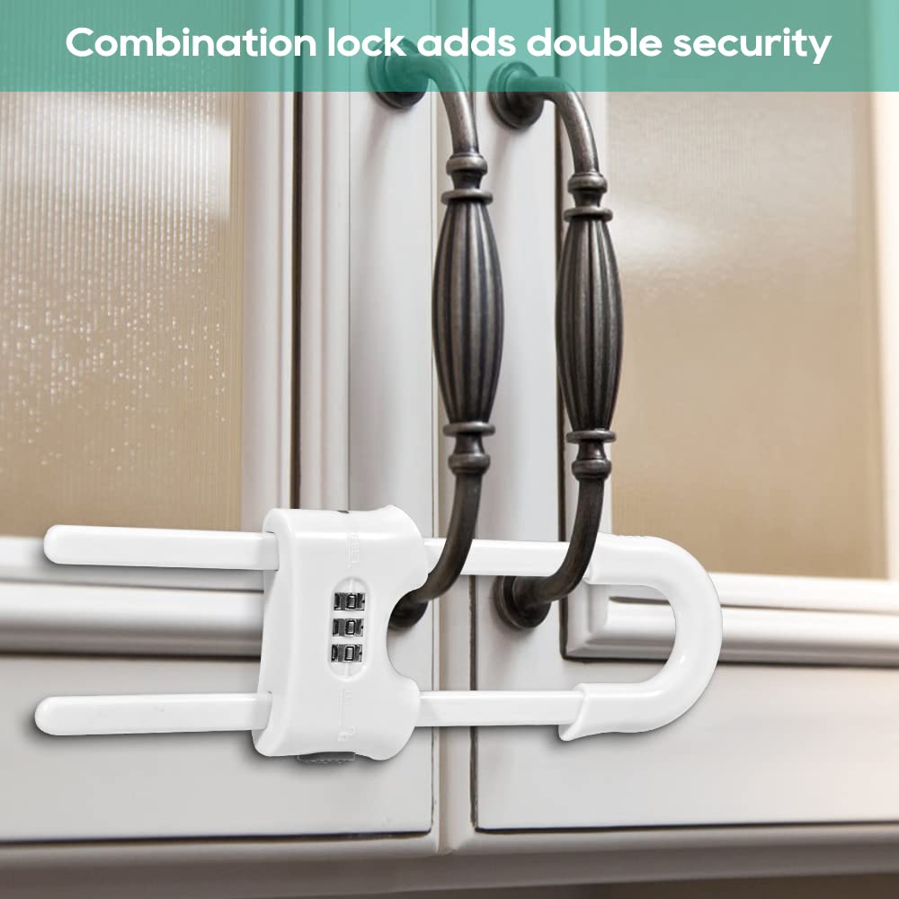 HonesaLoc 4 Packs U-Shaped Sliding Cabinet Locks, Baby Proofing Cabinets with Adjustable Child Safety Lock, Childproof Latches for Knobs, Handles on Kitchen Doors and Home Drawers Closet - White