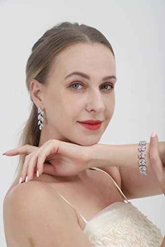 UDYLGOON UDORA Cubic Zirconia Leafs Earrings Bracelet Jewelry Set For Bridal Bridesmaid Wedding Prom (White Gold)