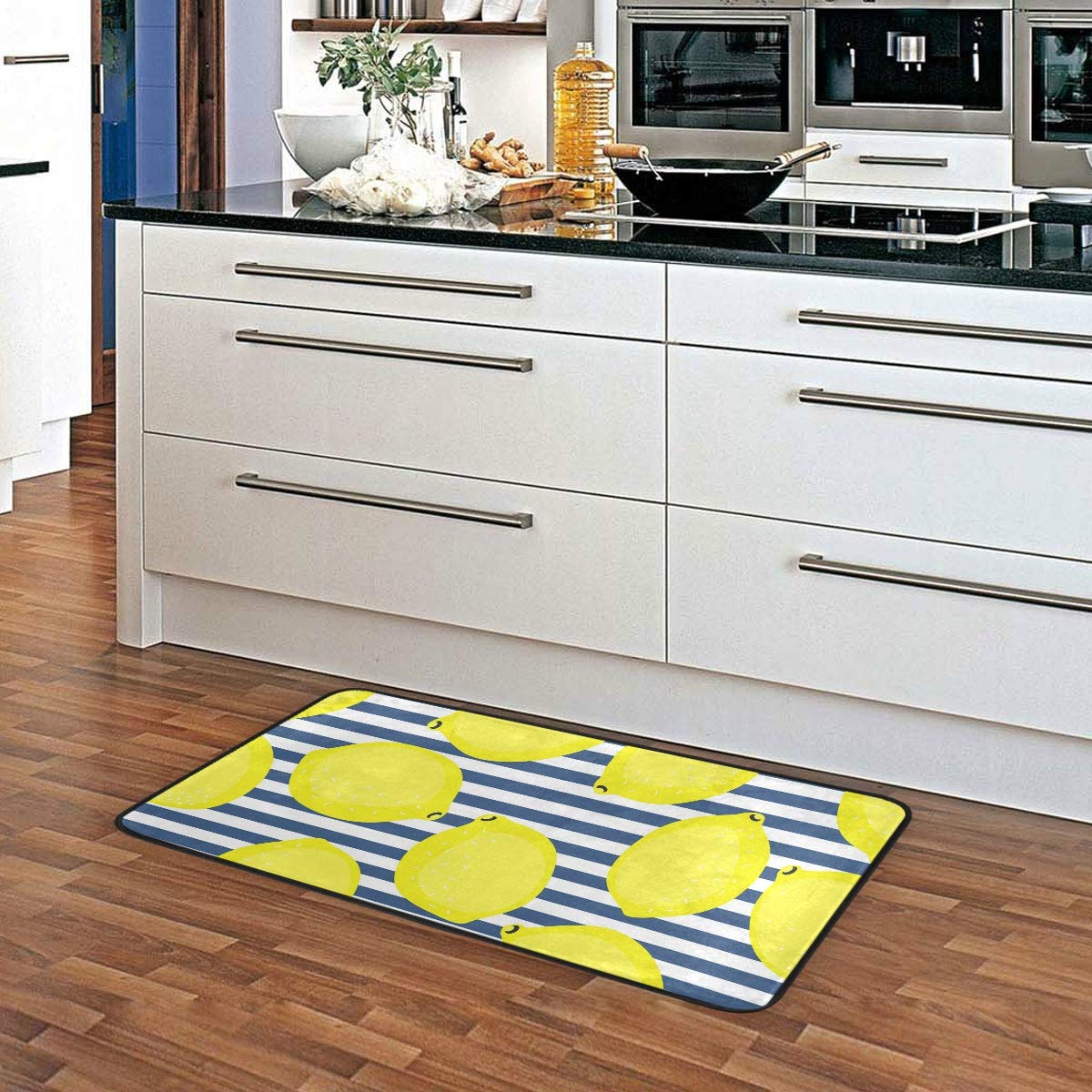 Kitchen Rugs Yellow Lemons with Blue Stripes Design Non-Slip Soft Kitchen Mats Bath Rug Runner Doormats Carpet for Home Decor, 39" X 20"