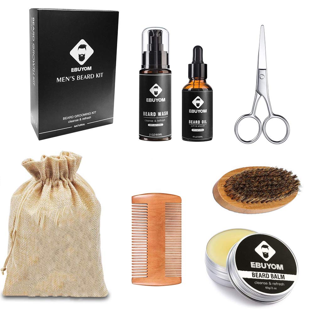 EBUYOM Beard Kit Beard Care For Men,Beard Oil,Beard Balm,Beard Shampoo,Beard Wooden Comb,Beard Brush,Mustache Scissors,Storage Bag,Beard Growth Grooming & Trimming Gift Set Beard Growth Kit