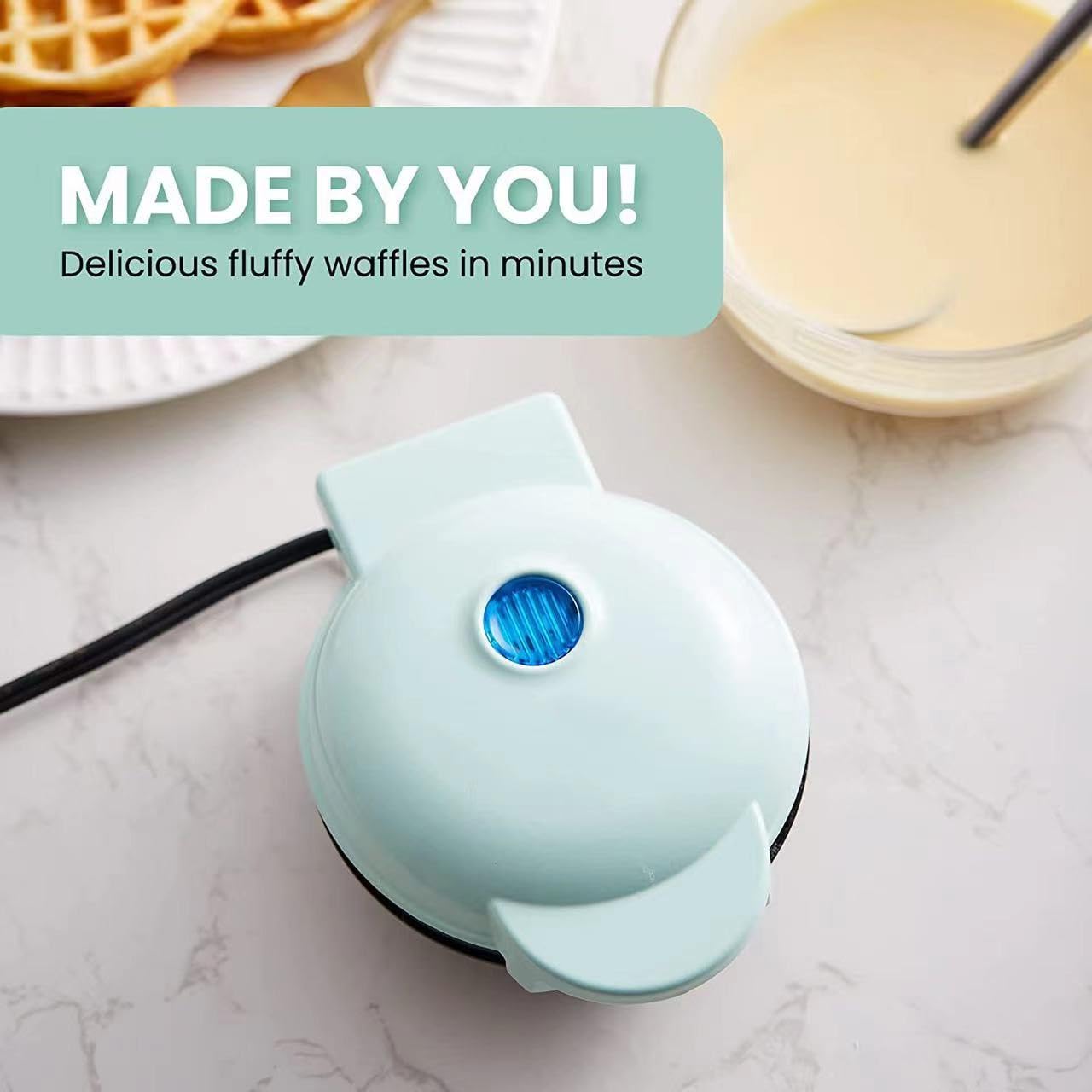Mini Maker for Individual Waffles, Hash Browns, Keto Chaffles with Easy to Clean, Non-Stick Surfaces, 4 Inch, Waffles in Minutes (Aqua)