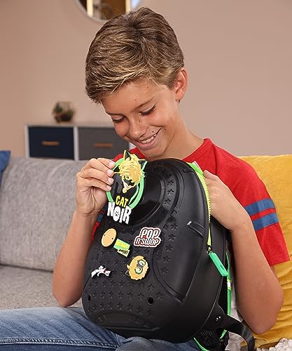Miraculous Ladybug - Pop n' Swop Cat Noir Black Backpack with Green Handle, 6 Clip-on Badges and Zipper, Lightweight Durable Waterproof Bag with Adjustable Straps (Wyncor)