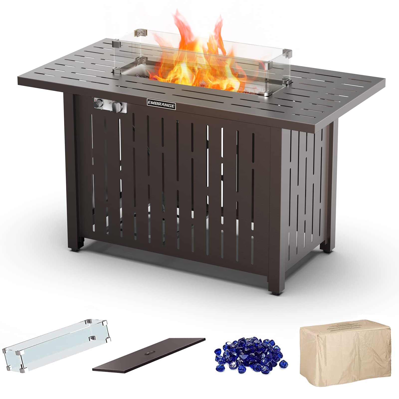 EMBRANGE 43-" Propane Gas Fire Pit Table, Pulse Ignition 50,000BTU CSA Certification Rectangle Firepit Table with Glass Wind Guard Fire Glass Metal Lid & Cover for Outside (Brown) (USAKKOYN1038057)