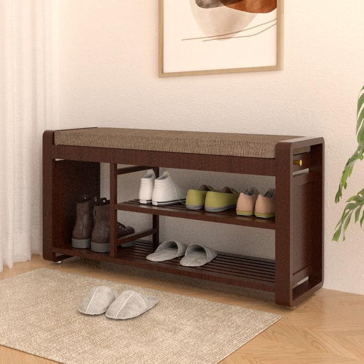 NURTUDIS Shoe Rack Bench Entryway, Bamboo Shoe Storage Stool with Removable Cushion, 2-Tier Entryway Shoe Organizer Shelf with Side Drawer & Hooks for Entryway, Living Room, Bedroom, Bathroom(Large)