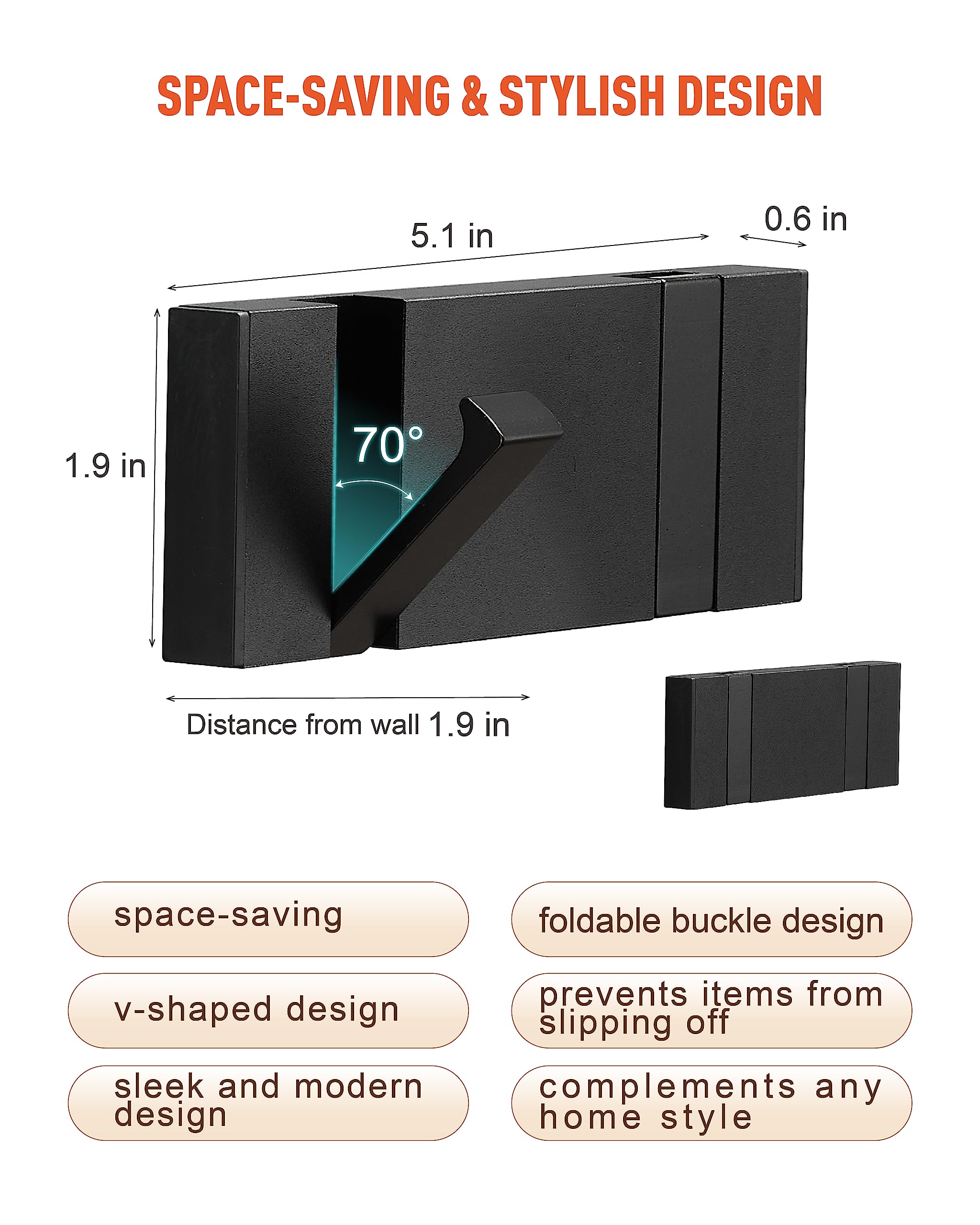 SPIEASSE 2 Pack,Modern Waterproof Black Wall Hooks,Foldable Towel Hooks for Bathrooms, Coat Hooks Wall Mounted - Ideal for Bathroom, Kitchen, Balcony