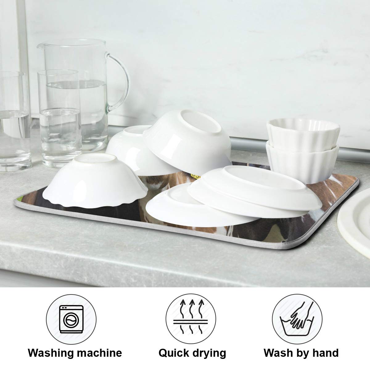 Kitchen Dish Drying Mat Farm Animal Cow Cattle Absorbent Washable Dish Drying Pad Drainer Rack Mat Heat Resistant Counter Protector for Glass Plate Cup Pan 18x24in