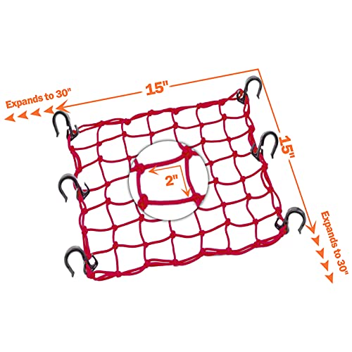 Thewinio Cargo Net 15"x15" Stretches to 30"x30" with Thicken Hooks | Natural Latex Core, Tight 2βx2β Mesh Small Heavy Duty Bungee Net for Motorcycle Helmet, Bike, ATV, UTV, Luggage (Red, 2 Pack)