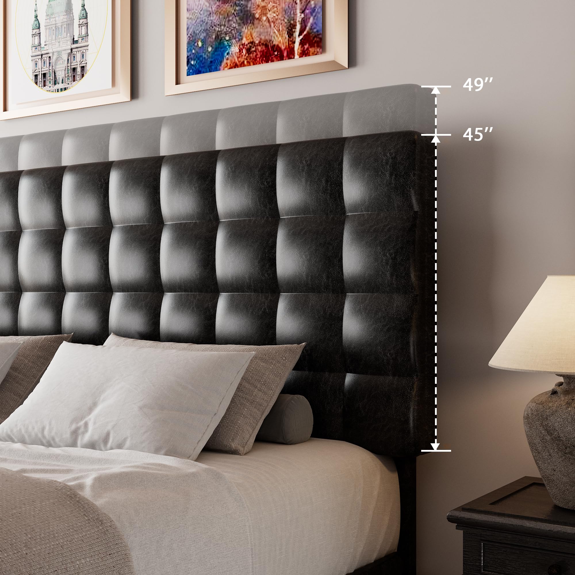 Feonase King Size Bed Frame with Square Stitched Headboard, Faux Leather Upholstered Platform Bed Frame, High-Density Sponge Filled, Solid Wood Slats, No Box Spring Needed, Noise-Free, Black