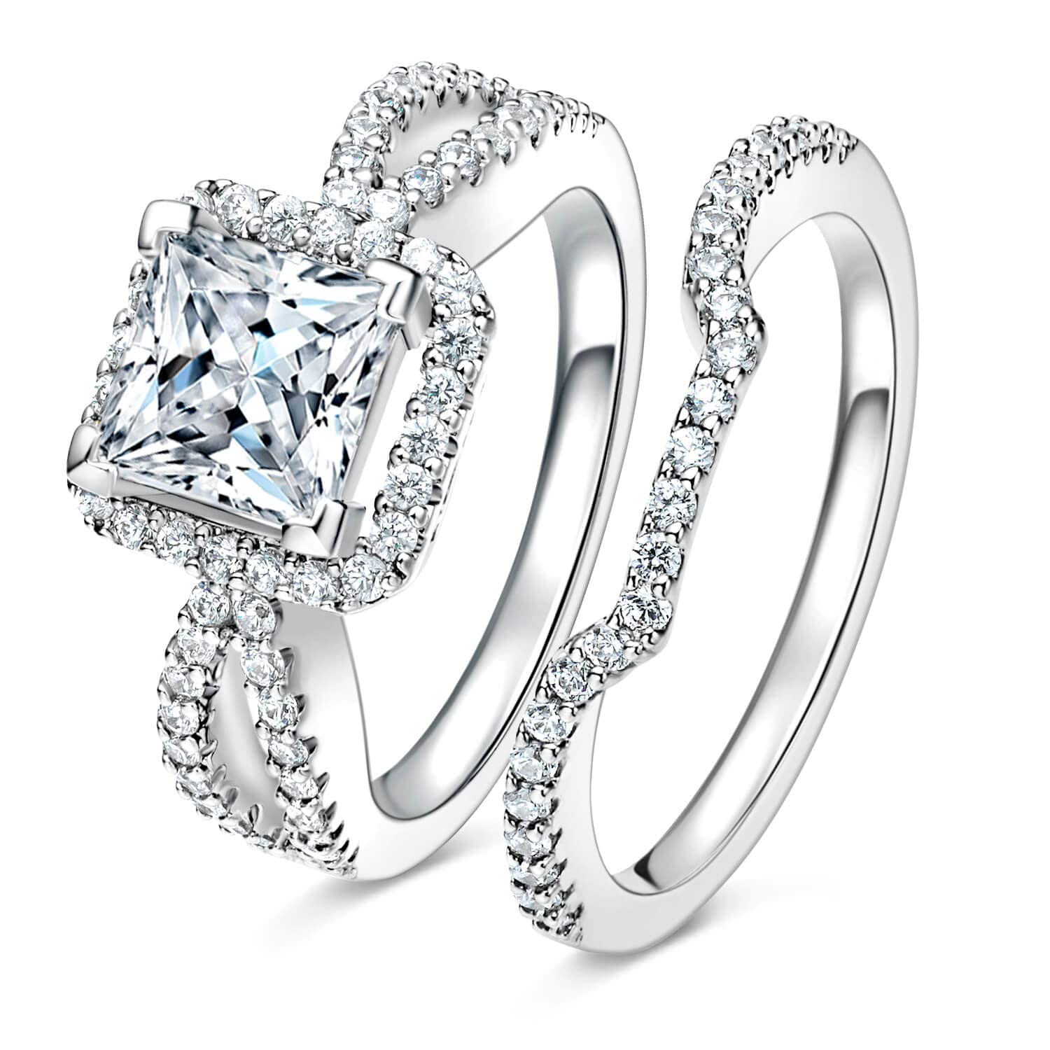 Gemsme 18K White Gold Plated Two-in-One Wedding Engagement Eternity Rings Cubic Zirconia Bridal Rings Set 9