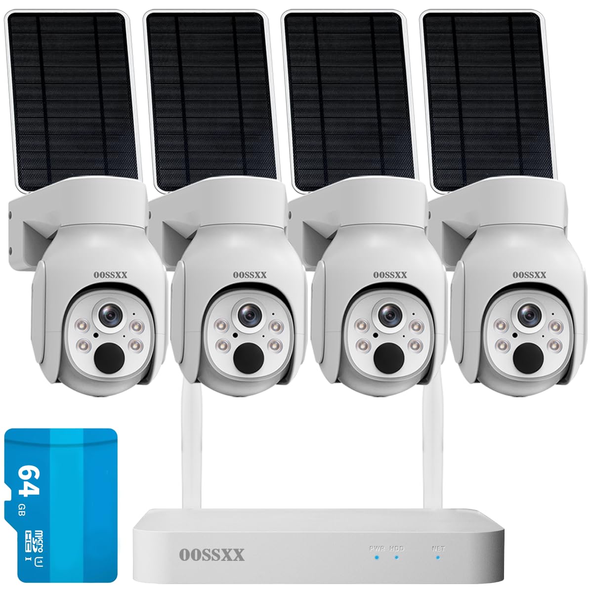 OOSSXX (PT Digital Zoom 100% Wire-Free) 2-Way Audio Wireless Solar Cameras, Solar Battery PIR Detection Outdoor Wireless Security Camera System Video Surveillance System (4-Cams 63G)