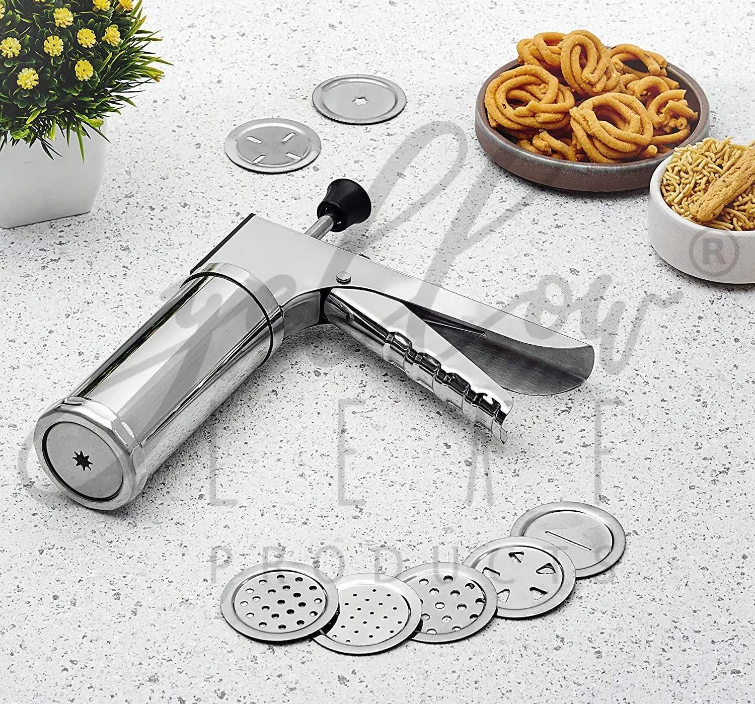 IRAM Stainless Steel Kitchen Press for Noodles, Murukku, Namkeen, and Snacks - Manual Sancha Sev Chakli Gathiya Sevaiya Maker - Silver Kitchen Tool