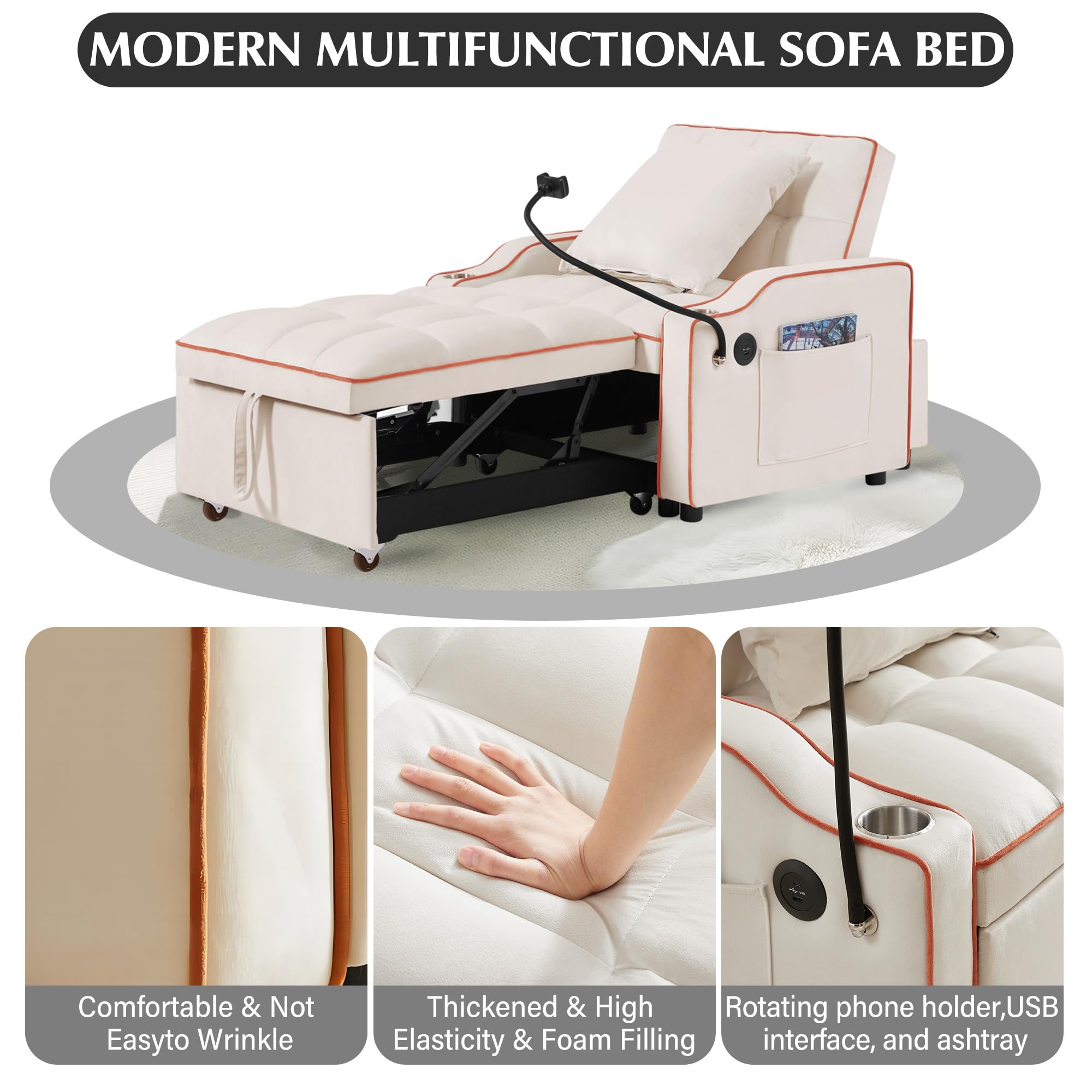 SPOWAY 3 in 1 Sleeper Sofa Couch Bed, Velvet Convertible Single Sleeper Sofa with USB Port and Ashtray and Swivel Phone Stand, Storage Pockets, Pull Out Single Sleeper for Living Room, Beige