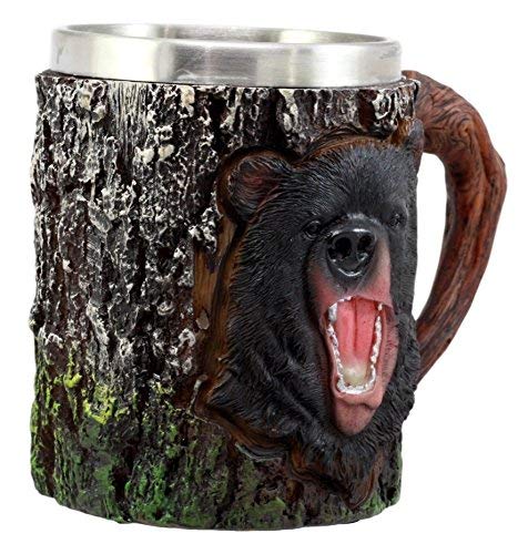 Ebros Gift Nature Wildlife Roaring Black Bear Mug With Rustic Tree Bark Design 12oz Drink Beer Stein Tankard Coffee Cup