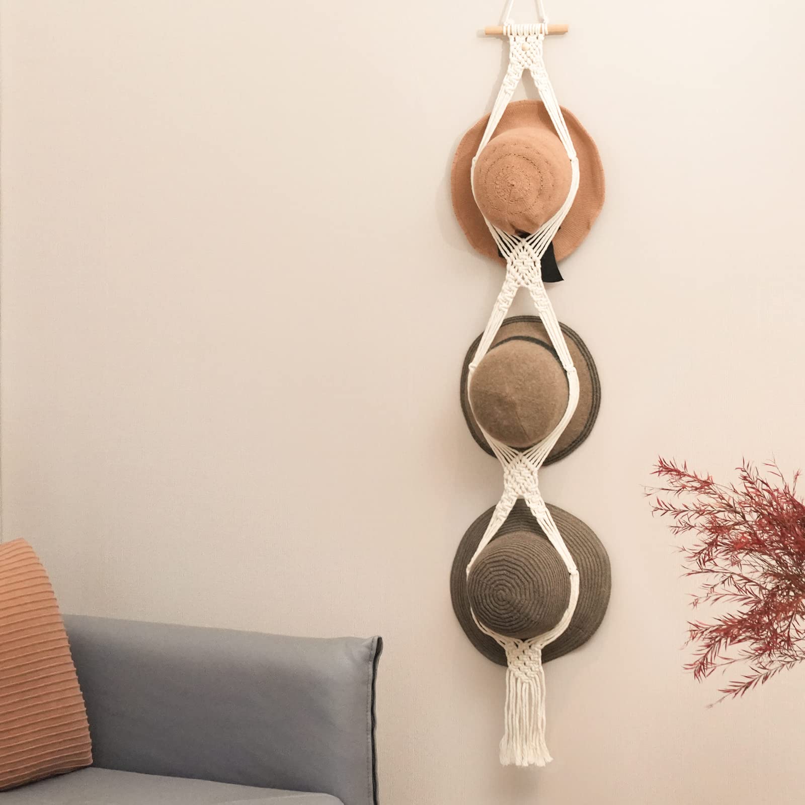 TOPMEET Macrame Hat Rack for Hanger Wall Display, Bohemian Hat Holder for Organizer Storage Decorative Wide Brim Cap - 2Pack White