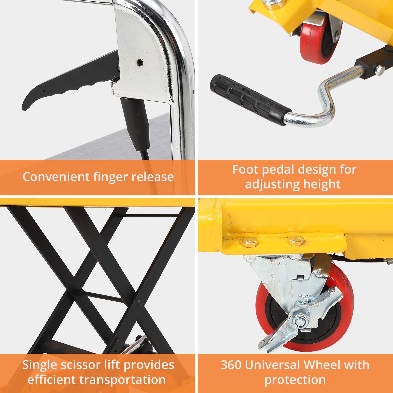 Hydraulic Lift Table Cart 500lbs, Lift Table Capacity 28.4" Lifting Height, Manual Single Scissor with Pressure Relief Bar, 4 Wheels Non-Slip Pad Thickness 3mm for Material Handling