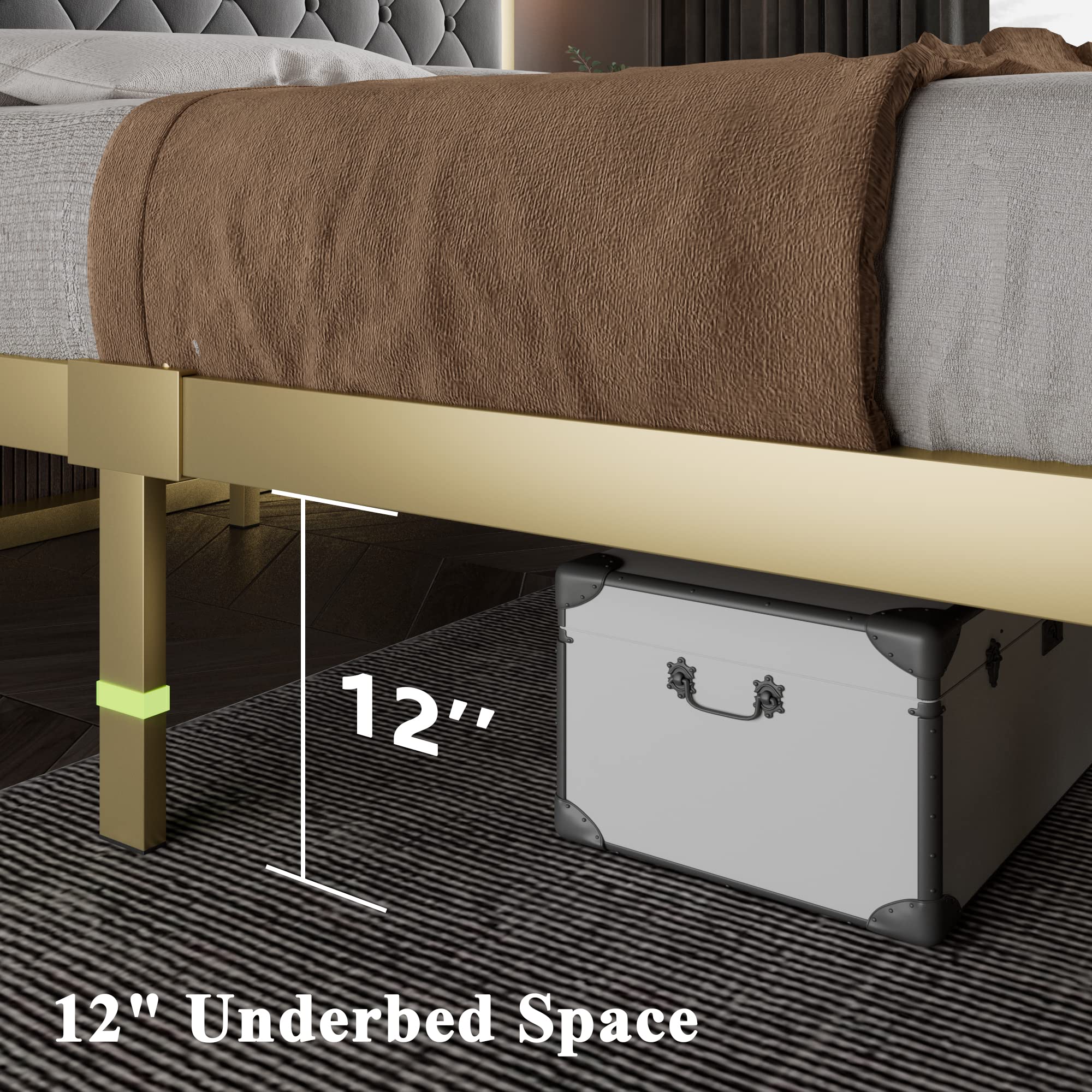 Feonase Queen Size Platform Bed Frame with Heavy-Duty Steel Slats, Velvet Upholstered Bed Frame with 12" Storage Space, No Box Spring Required, Noise Free, Easy Assembly, Golden and Gray
