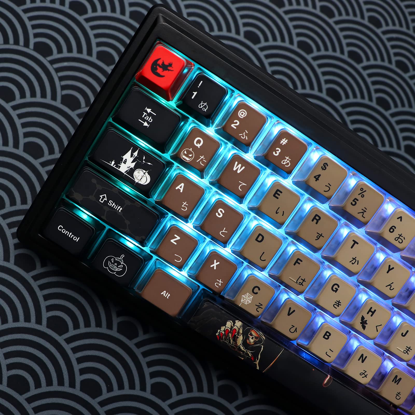 JSJT Halloween Keycaps 150 Keys Triple Side Transparent Japanese keycaps PBT Shine Through Keycaps OEM Profile Custom Keycap Set Suitable for 61/64/87/104/108 Cherry MX Switch Mechanical Keyboard