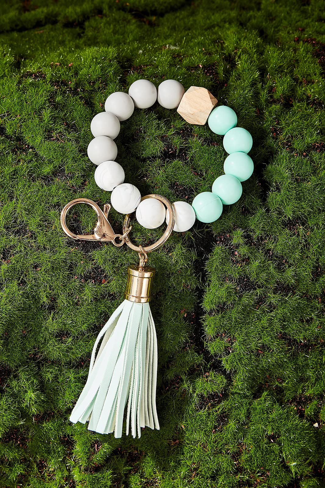 FindFun Women Silicone Beads Key Ring Chain Wristlet Keychain Bracelet Leather Tassel Bangle(Blue)