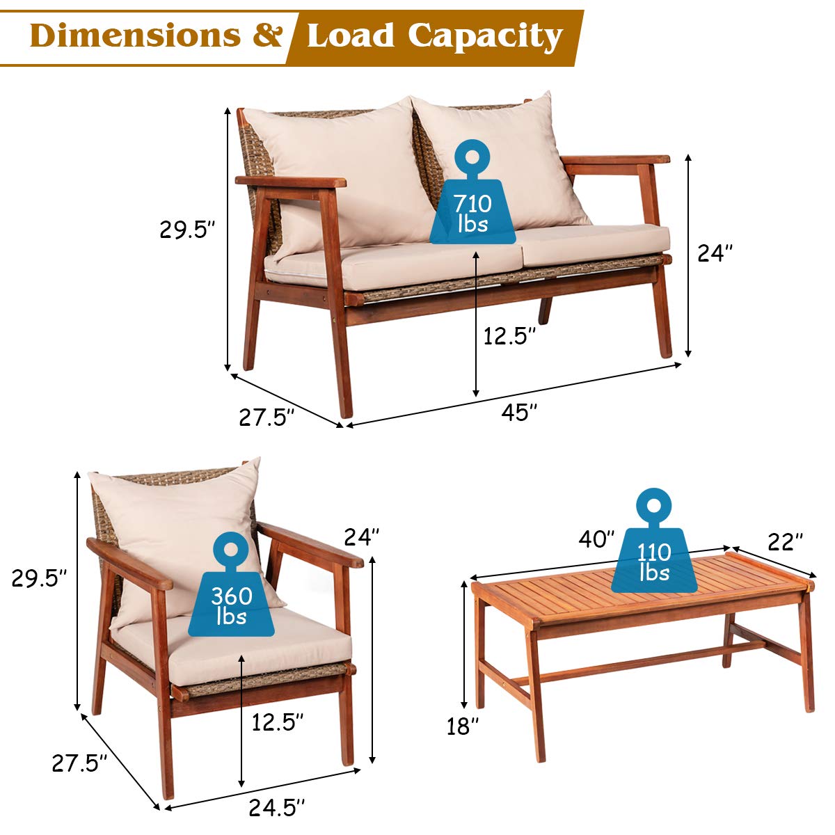 Tangkula 4 PCS Patio Wood Sofa Set, Outdoor Acacia Wood Seating Chat Set with Cushions & Coffee Table, Sectional Conversation Sofa Set for Garden, Backyard, Poolside (1, Brown)