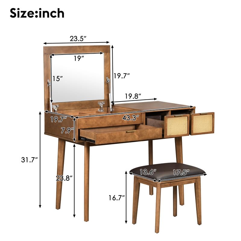 FDSPDO Classic Wood Makeup Vanity Set with Flip-top Mirror and Stool, Dressing Table with Three Drawers and Storage Space, Brown