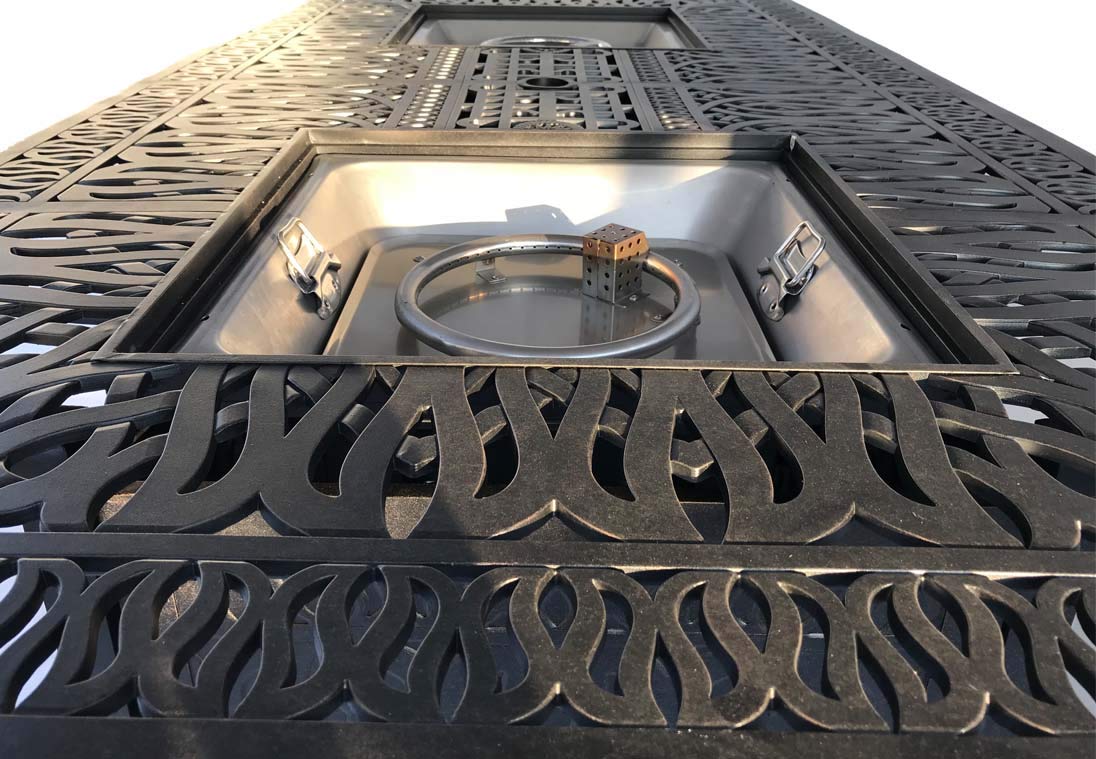 Sunvuepatio 7 Piece Outdoor Cast Aluminum Dining Set with Fire Pit Table All Swivel Rocker Chairs.