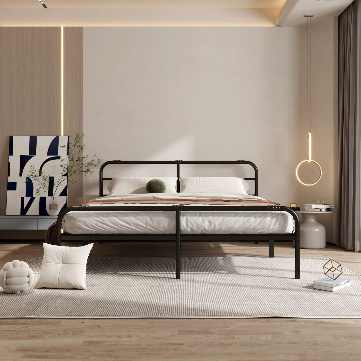 Emiosmt King Size Bed Frame with Headboard and Footboard 14 Inch Tall,2500lbs Heavy Duty Steel Slat Support Metal Platform,No Box Spring Needed,Noise Free,Round Tube,Bed Frame for King