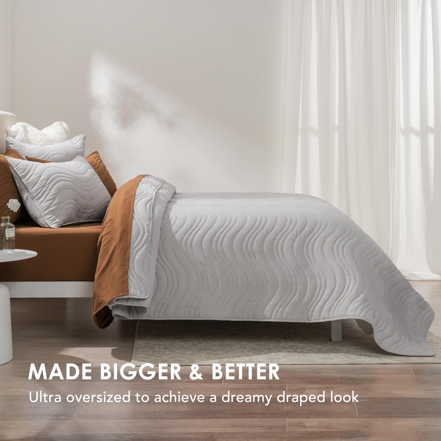 EVERGRACE Oversized Quilt Set 3 Pieces 94" x 96" Queen Bed Quilts Coverlet Soft Full Size Bedding Bedspread Lightweight Quilted Comforter Microfiber, Light Grey
