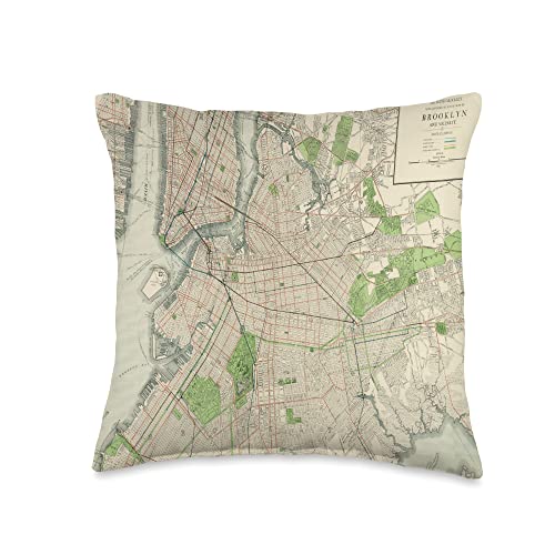 NYC Boroughs Historical Atlas Brooklyn NY & Lower Manhattan Vintage Map (1912) Throw Pillow, 16x16, Multicolor