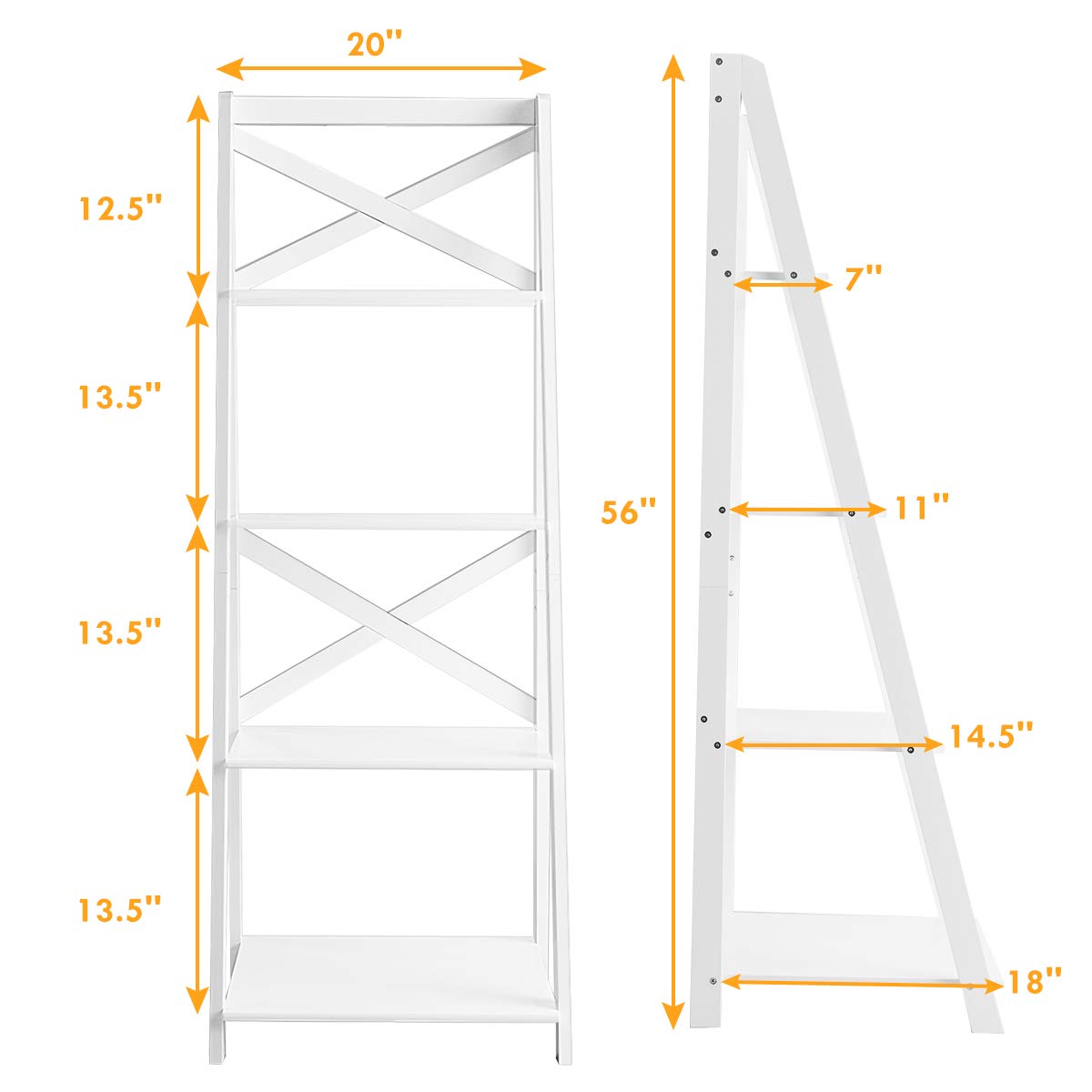 Tangkula 4-Tier Ladder Shelf Bookcase Leaning Free Standing Wooden Frame Decor Bookshelf Storage Flower Shelf Plant Display Shelf for Home Office (White, 1)