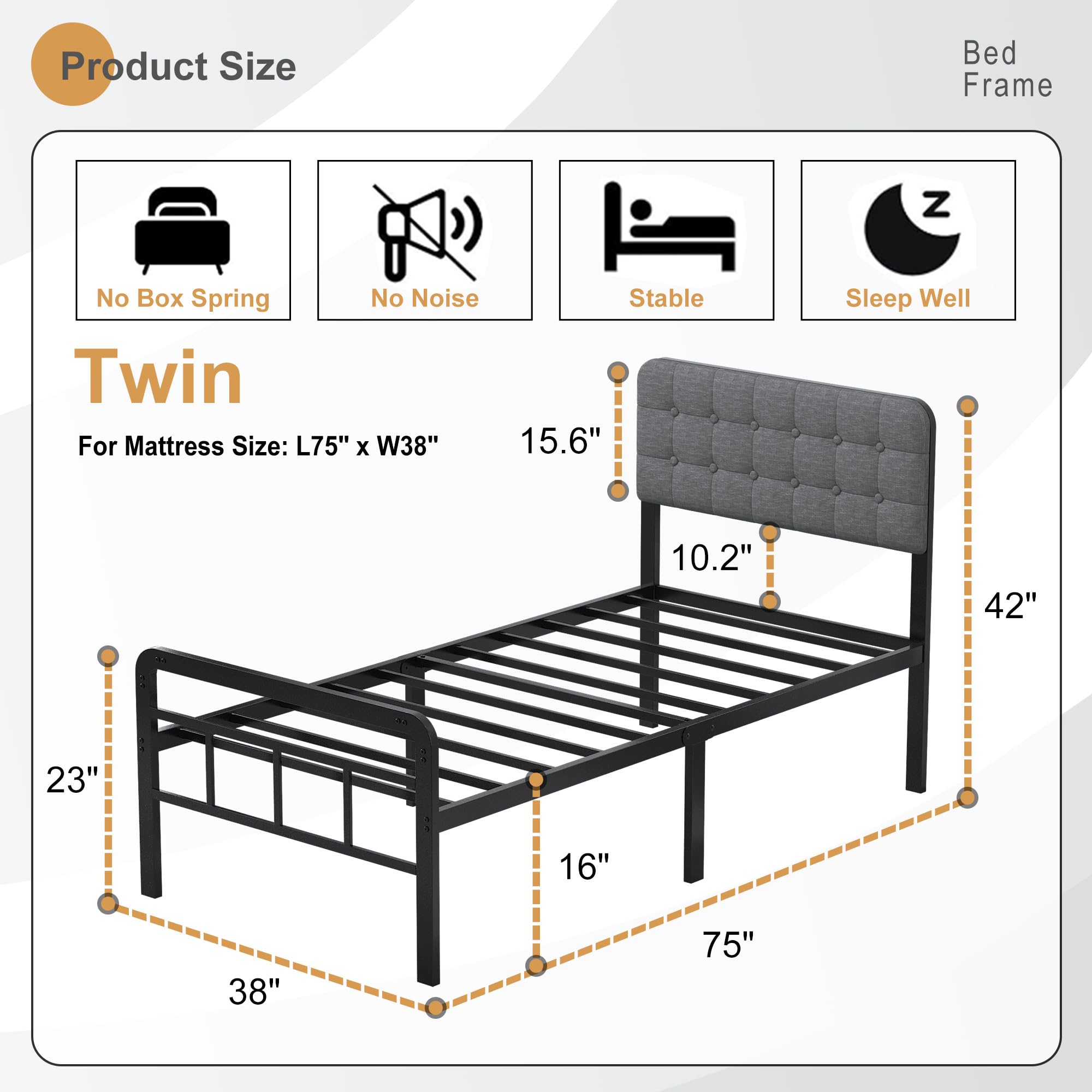 EMODA 16 Inch Twin Size Bed Frames with Upholstered Headboard and Metal Footboard, Heavy Duty Metal Slats Support Mattress Foundation, No Box Spring Needed, Easy Assembly