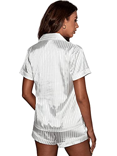 Verdusa Women's Striped Satin Sleepwear Short Sleeve Shirt and Shorts Pajama Set White M