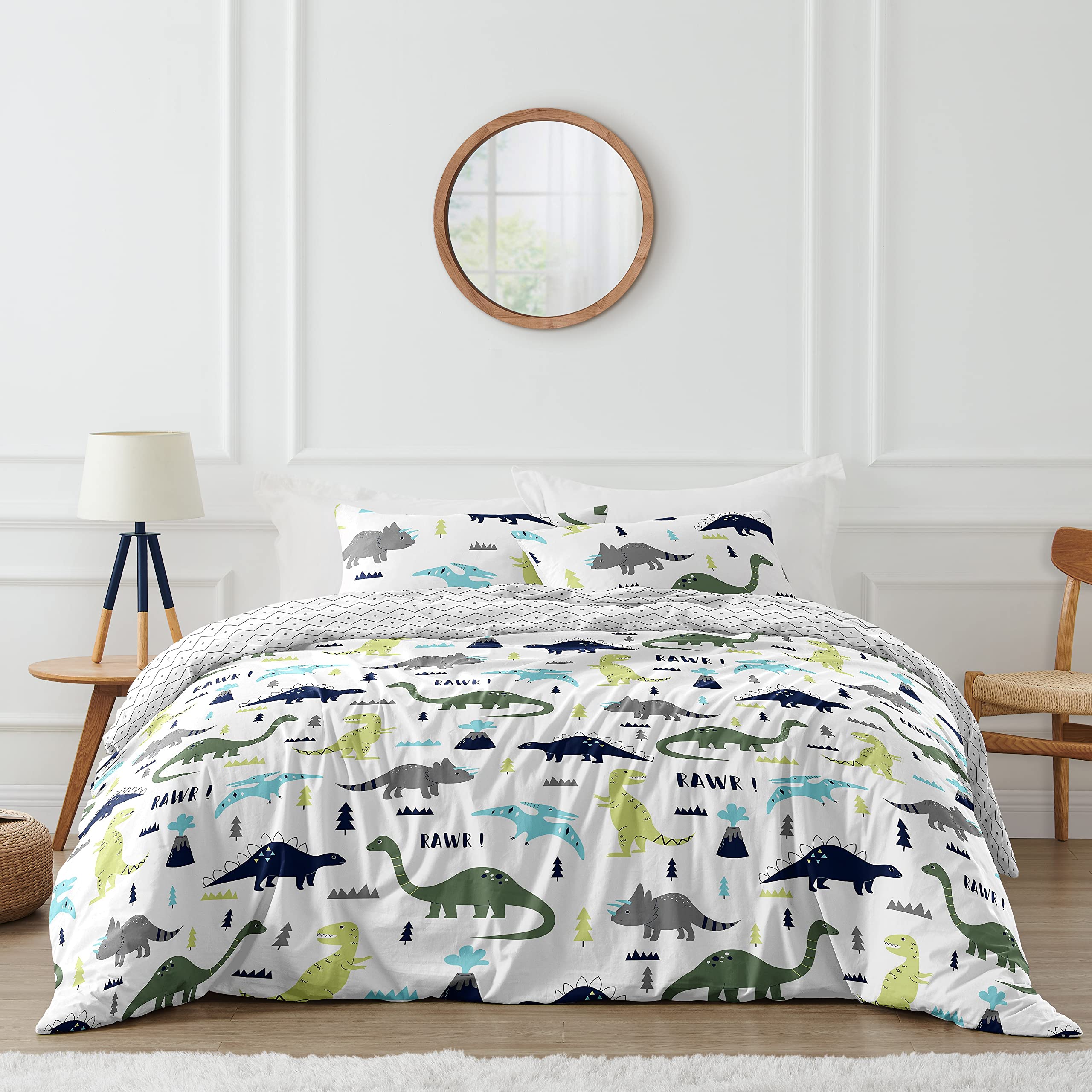 Sweet Jojo Designs Navy Blue and Green Modern Dinosaur Boys or Girls 3 Piece Full/Queen Bedding Childrens Teen Mod Dino Set