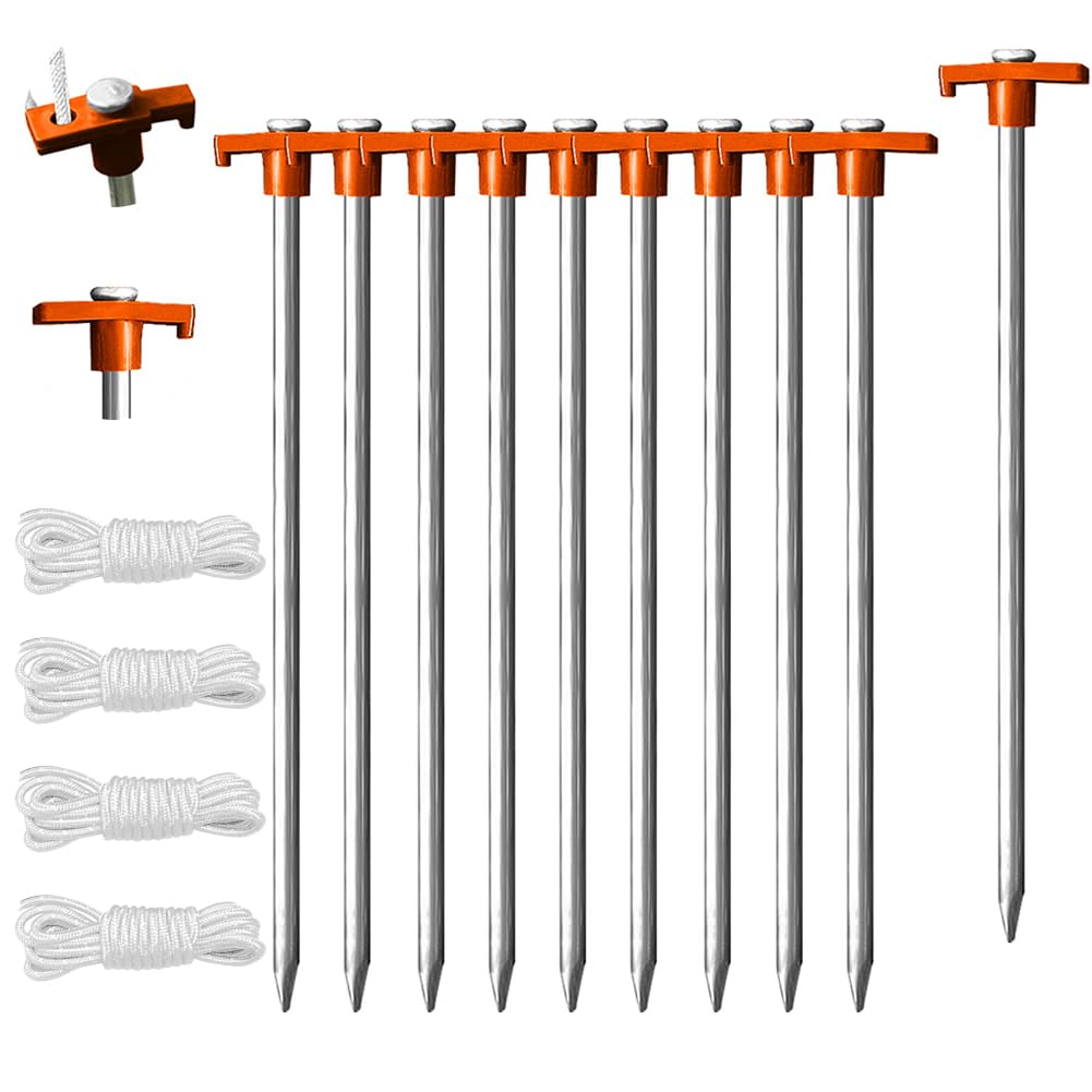 Eurmax USA Galvanized Non-Rust Camping Family Tent Pop Up Tent Stakes Canopy Anchors Heavy Duty 10pc-Pack, with 4x10ft Ropes & 1 Orange Stopper