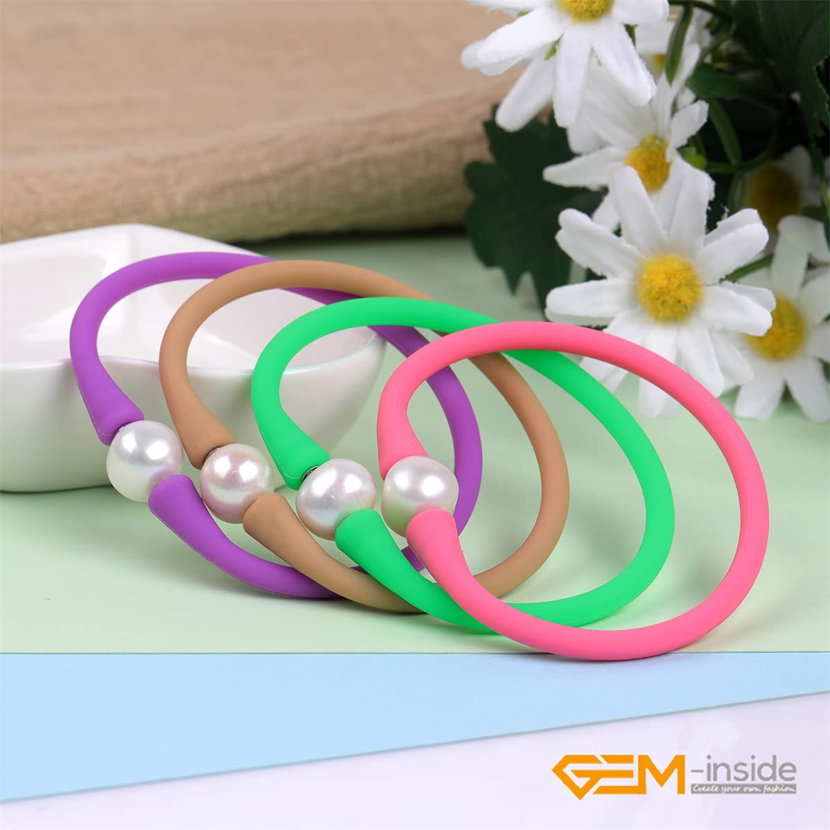 GEM-Inside Big 11mm Real Pearl Bridesmaid Blue Mood Stackable Silicone Rubber Stretch Freshwater Cultured Pearl Jewelry Bracelets for women 7"