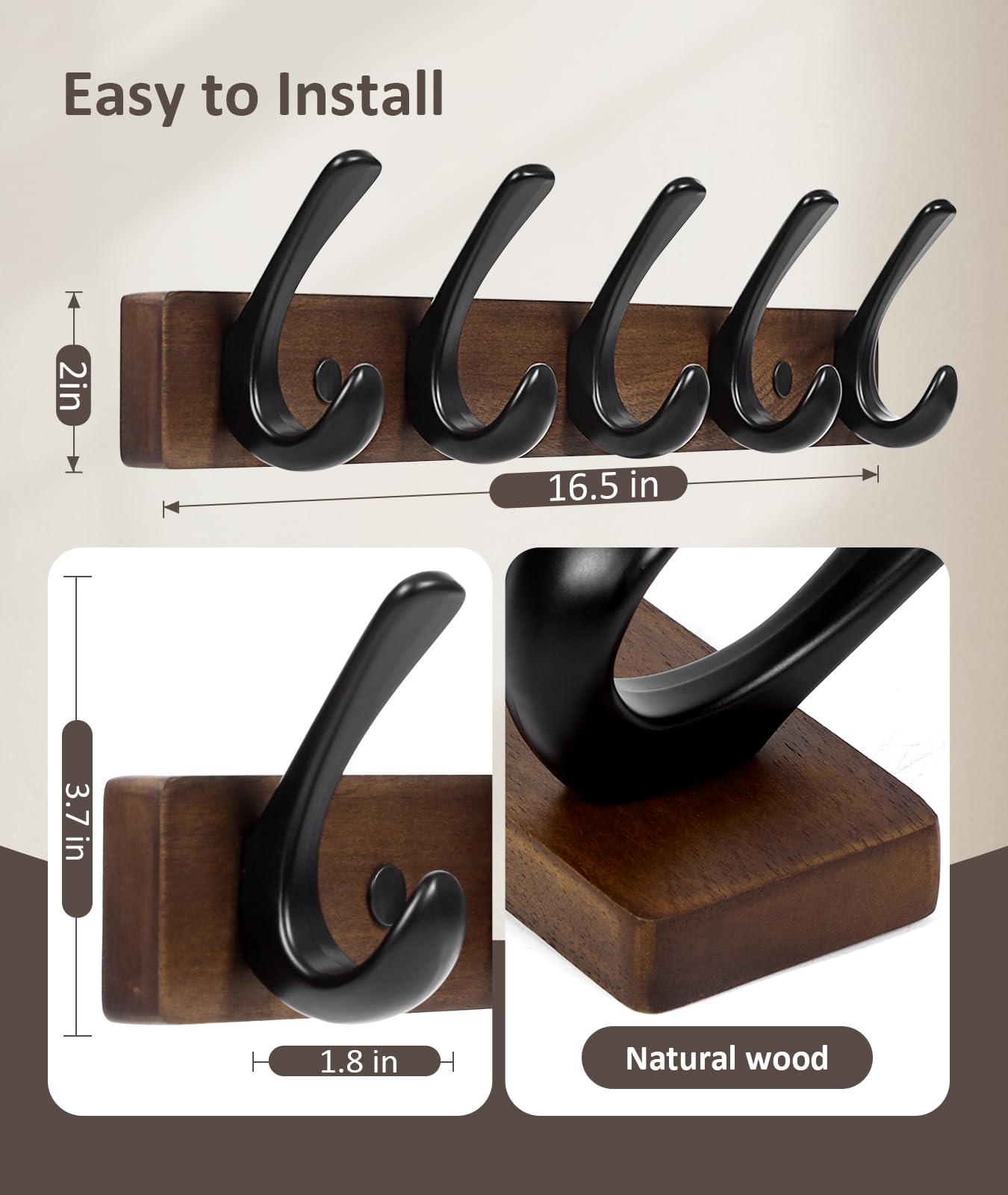 Optish Walnut Wood Coat Rack Wall Mount, Coat Hooks Coat Hanger Wall Mount, Heavt Duty Wall Hanger Wall Hooks for Hanging, Entryway Decorative Hat Rack for Coat, Bag, Hat and Towel