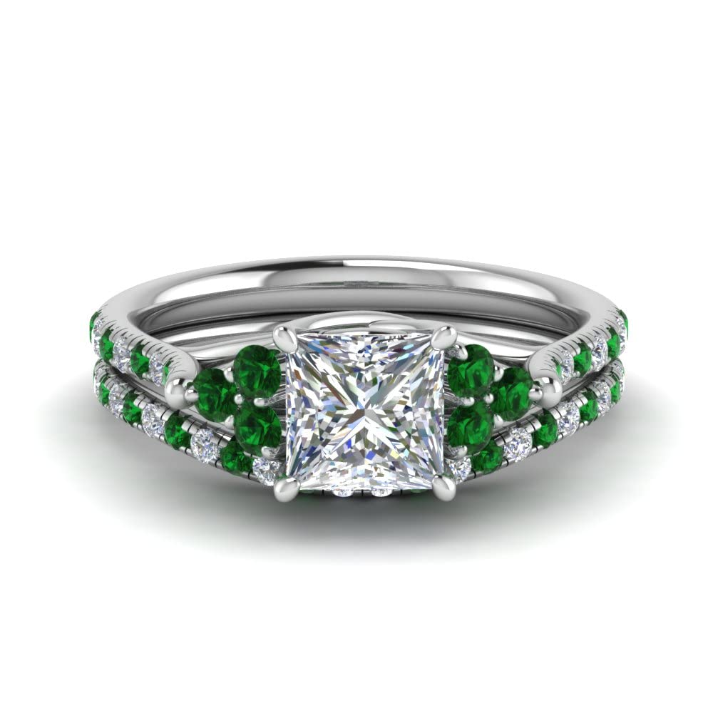 Gemsonclick Princess Cut Petite Cathedral Wedding Ring Set sterling silver Created Emerald Princess shape Green color Wedding Ring Sets prong Setting in Size 7 Casual Wear for Gift