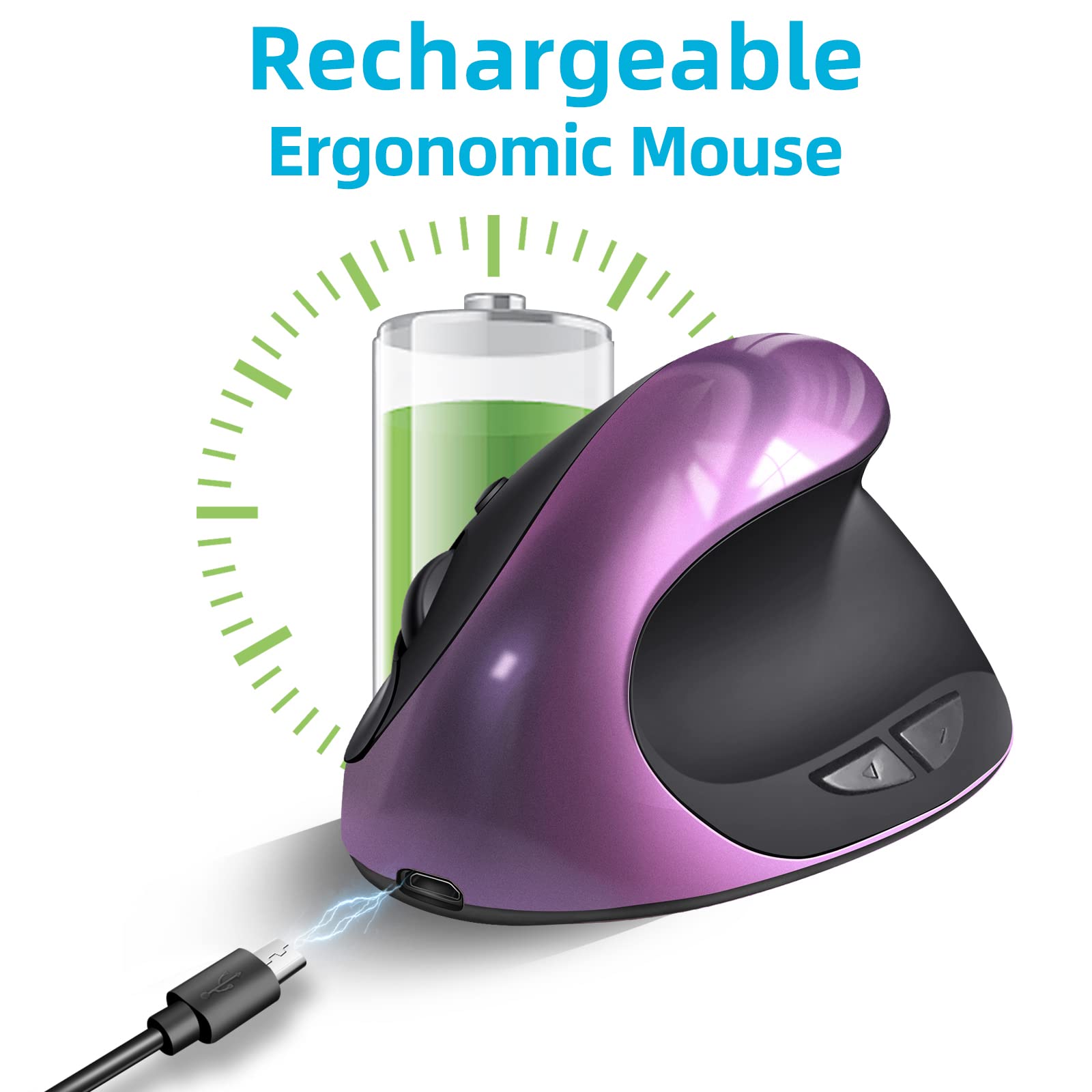 Woddlffy Ergonomic Mouse Wireless,Rechargeable Vertical Mouse Right Handed Small Mouse with 6 Buttons 1000/1200/1600 for Laptop,Desktop,PC, MacBook(Purple