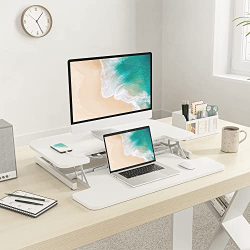 FEZIBO 28” Height Adjustable Standing Desk Converter with USB Charging Port, Quick Sit to Stand Tabletop Dual Monitor, Stand Up Desk Riser for Home Office, White