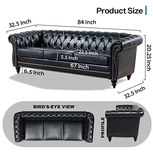 Vaztrlus Chesterfield Sofas for Living Room, Rolled Arm 3-Seater Leather 84" Large Couch Deep Button Nailhead Tufted Black Upholstered Couches for Bedroom, Office Apartment Easy to Assemble